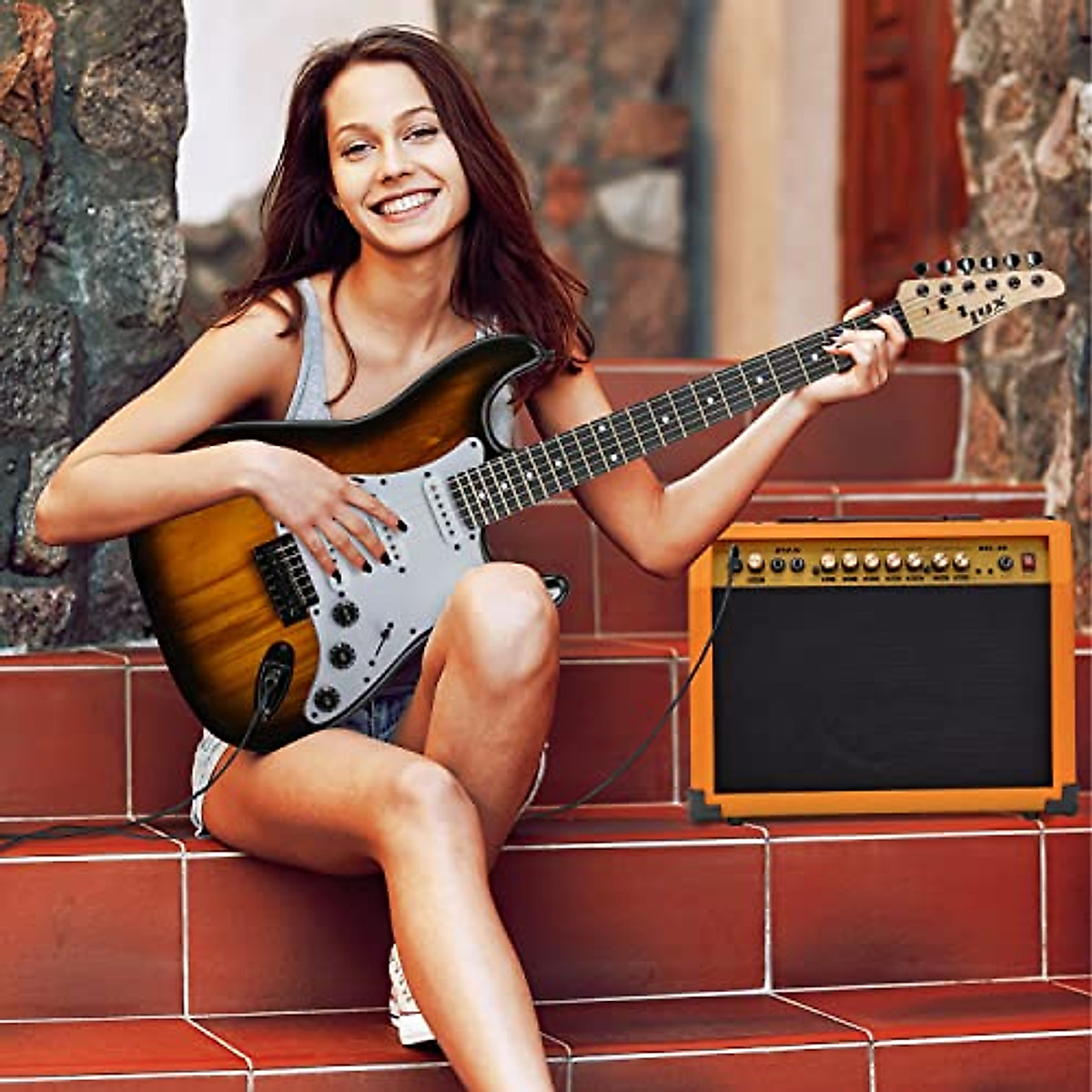 LyxPro 40 Watt Electric Guitar Amplifier | Solid State Studio Amp with 8” 4-Ohm Speaker, Custom EQ Controls, Drive, Delay, ¼” Passive/Active/Microphone Inputs, Aux in & Headphone Jack - Sunburst