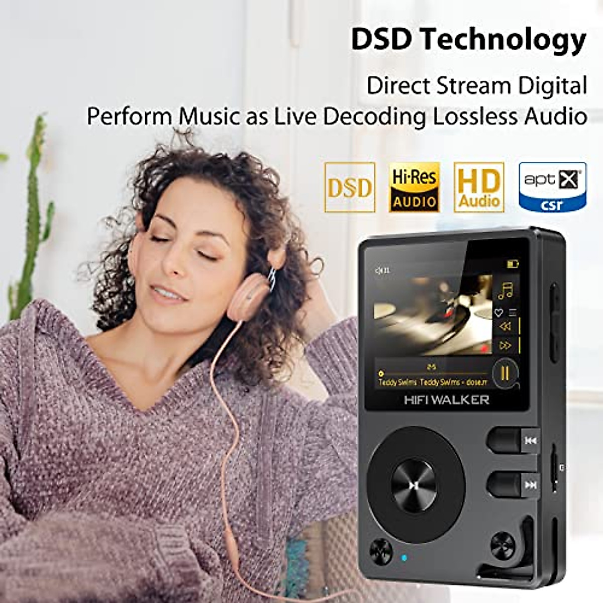 HIFI WALKER H2, High Resolution MP3 Player with Bluetooth, DSD DAC, HiFi Portable Digital Audio Player Lossless Hi Res Music Player with 64GB Memory Card, Support Up to 256GB