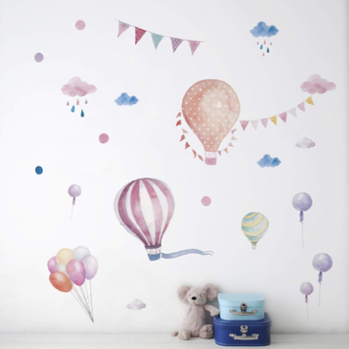 Colourful Hot Air Balloons Wall Decals Stickers Kids Colorful Hot Air Balloon Cloud Raindrop Balloon Wall Decals Removable Wall Stickers for Kids Nursery Bedroom Living Room