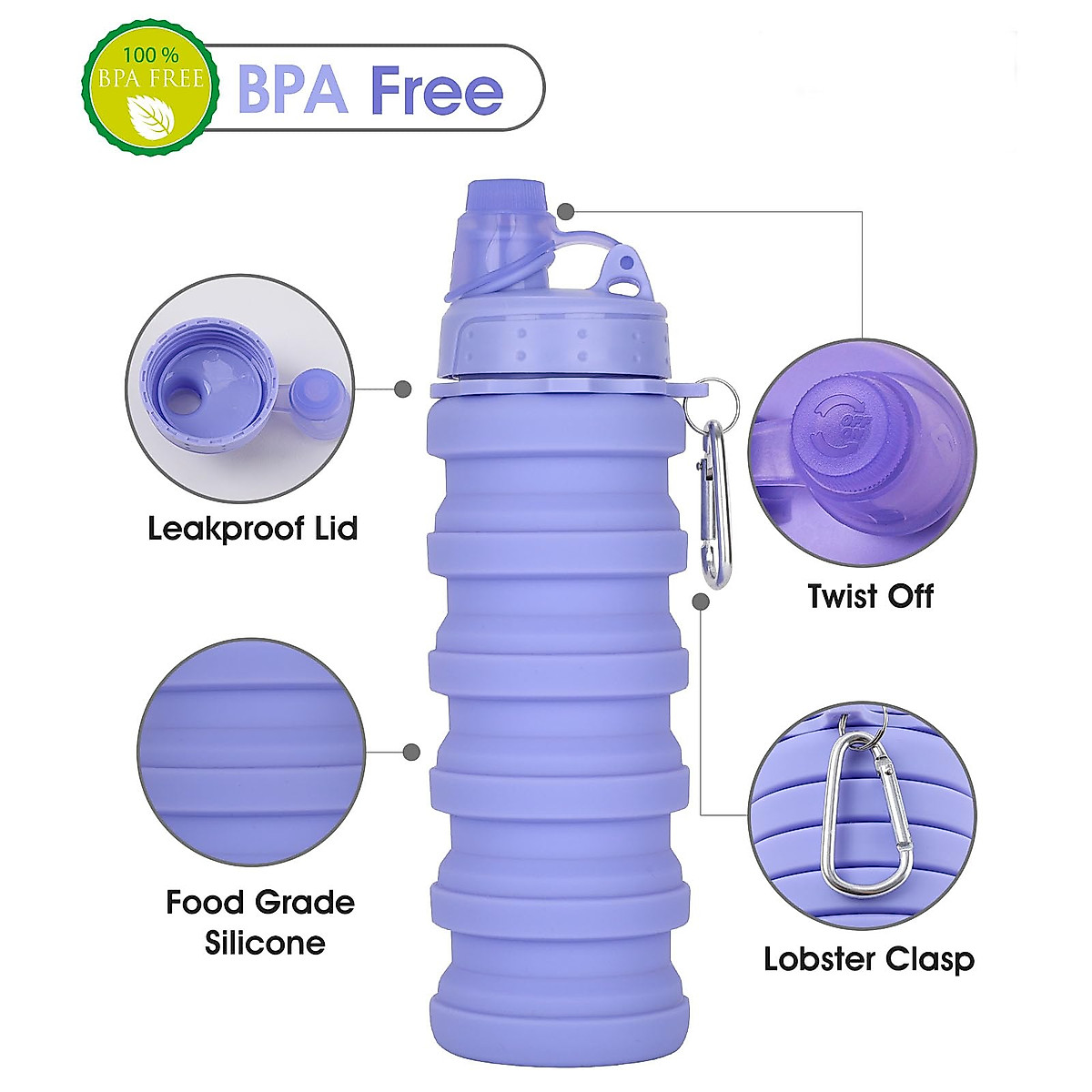 MAKERSLAND Collapsible Water Bottle for Adults, Boys, Students, Kids, Reusable Silicone Foldable Water Bottles for Travel Camping Hiking, Portable Sports Water Bottle, Purple