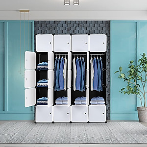 Modular Wardrobe, Portable Clothes Closet, 20 Cube Organizer Stackable Plastic Cube Storage Shelves Design Multifunctional Modular Closet Cabinet with Hanging Rod White