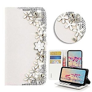 STENES Bling Wallet Phone Case Compatible with Samsung Galaxy Z Fold 5 5G - Stylish - 3D Handmade Flowers Flowers Design Leather Cover with Neck Strap Lanyard & Screen Protector - White