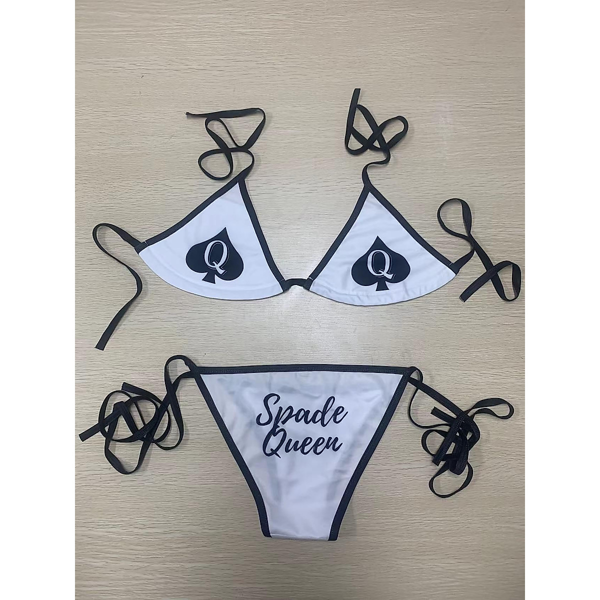 BBC Queen of Spades QOS Bikini (Adjustbale Top,Bottom) Set Micro String Thongs Women Swimsuit Free Size Hardcore Words Phrases (White)