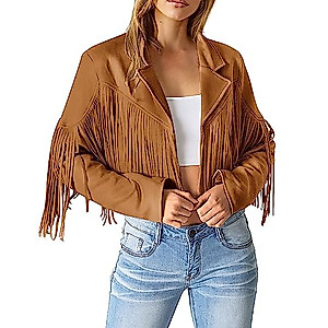 PRETTYGARDEN Women's Fringe Faux Suede Leather Jackets 2023 Fashion Tassel Motorcycle Cropped Coats (Brown Yellow,Small)