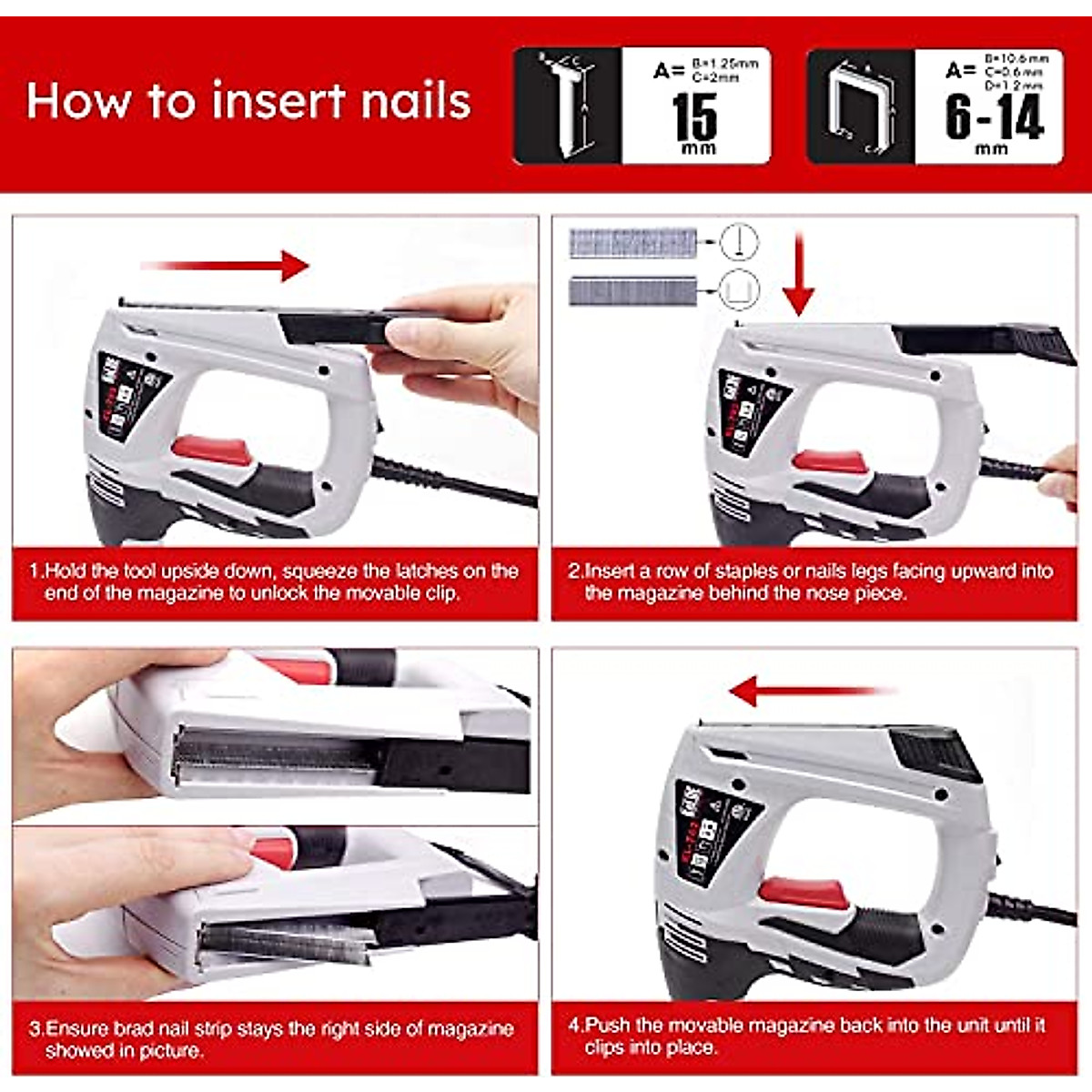 KeLDE Electric Staple/Nail Gun Kit, Braid Nailer, 120V Corded Power Stapler Set, Includes 900pcs T50 Staples and 300pcs 15mm Nails