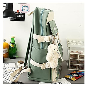 4 PCS Kawaii Backpack with Kawaii Pin and Accessories, with Kawaii Bear Pendant School Bag Sets (Sage Green)