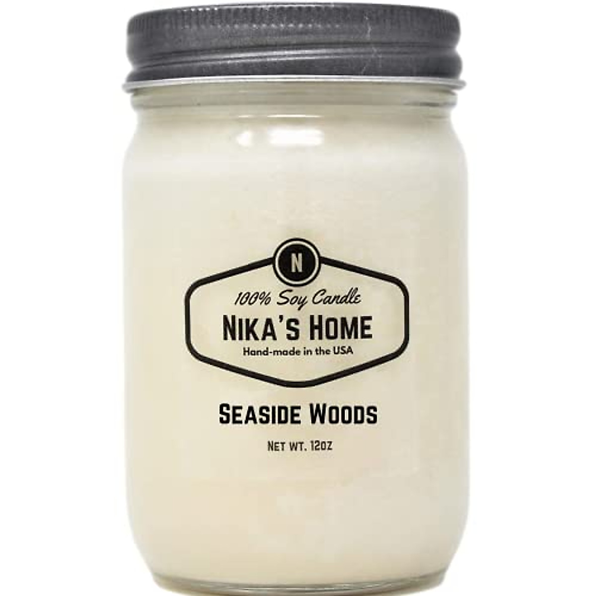 Nika's Home Seaside Wood Soy Candle 12oz Mason Jar Non-Toxic White Soy Handmade, Long Burning 50-60 Hours Highly Scented All Natural, Clean Burning Large Candle Gift Décor