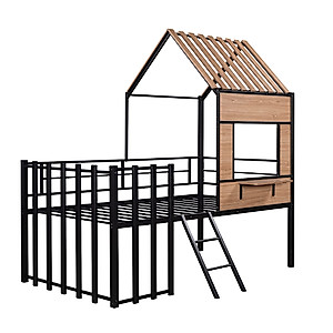 Harper & Bright Designs Kids House Beds Low Loft Bed Frame with Roof, Window, Guardrail and Ladder, Metal Twin Size Loft Bed for Kids Teens Girls Boys (Twin, Black)