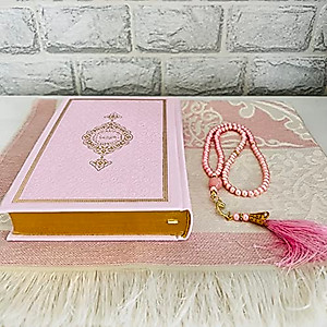 Muslim Prayer Rug,Full Arabic Thermo Leather Covered Quran (8.0 * 5.5 inc / 14 * 20 cm) and Beads I Perfect Islamic Gift I Muslim for Men&Women | Luxury Gifts (Pink)