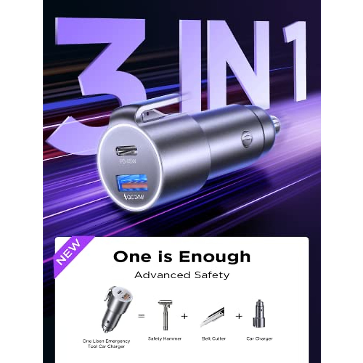 LISEN PD45W&QC24W USB C Car Charger Samsung Car Charger, 3 in 1 Super Fast Charging Adapter
