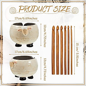 Sleepy Sheep Ceramic Yarn Bowl 6.69 x 4.72 Inch Large Decorative Yarn Holder Knitting Yarn Ball Holder Handmade Craft Knitting Bowl Crocheting Accessories and Supplies Organizer With12 Crochet Hooks