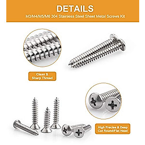 Self Tapping Screws Assortment Fasteners Set, 650pcs 304 Stainless Steel M3/M4/M5/M6 Sheet Metal Screws Kit with Storage Box,Phillips Drive Wood Screw Assortment