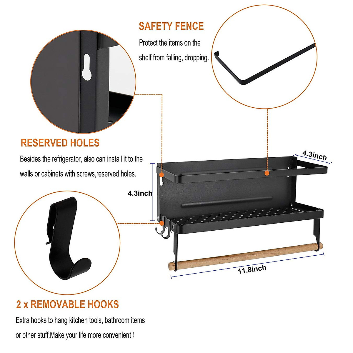 Jolitac Magnetic Fridge Spice Rack- Space Saving Organizer Black Shelf on Refrigerator, Kitchen Paper Towel Holder, Foldable Design (Black-Small)