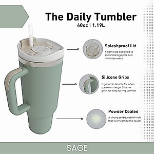 SPOUT 40 oz Tumbler With Handle And Straw, Insulated Stainless Steel Water Bottle With Straw - Travel Mug | BPA Safe Tumblers | Iced Drinks, Water, Cold/Hot Coffee - Cupholder Friendly - Sage