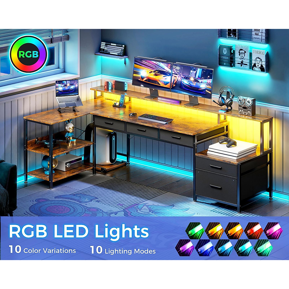 AODK L Shaped Desk with 5 File Drawers, 66" Reversible L Shaped Computer Desk with Power Outlet & LED Strip, Office Desk with Storage Shelves, Gaming Desk with Monitor Shelf, Corner Desk, Vintage