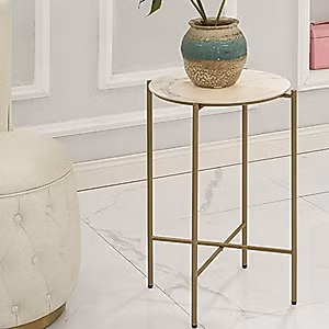 Moncot Round Side Table Small：Gold end Table White Side Table Marble Side Tables for Living Room Bedroom Glass Top Faux Marble TextureModern Brass Metal Frame
