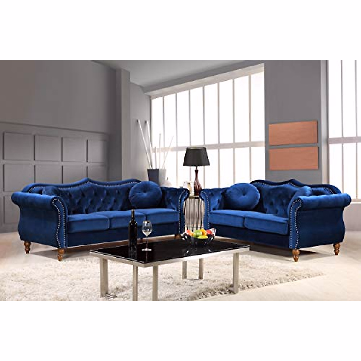 Container Furniture Direct Anna1 Velvet Upholstered Classic Nailhead Chesterfield Living Room, Sofa & Loveseat, Blue Mist