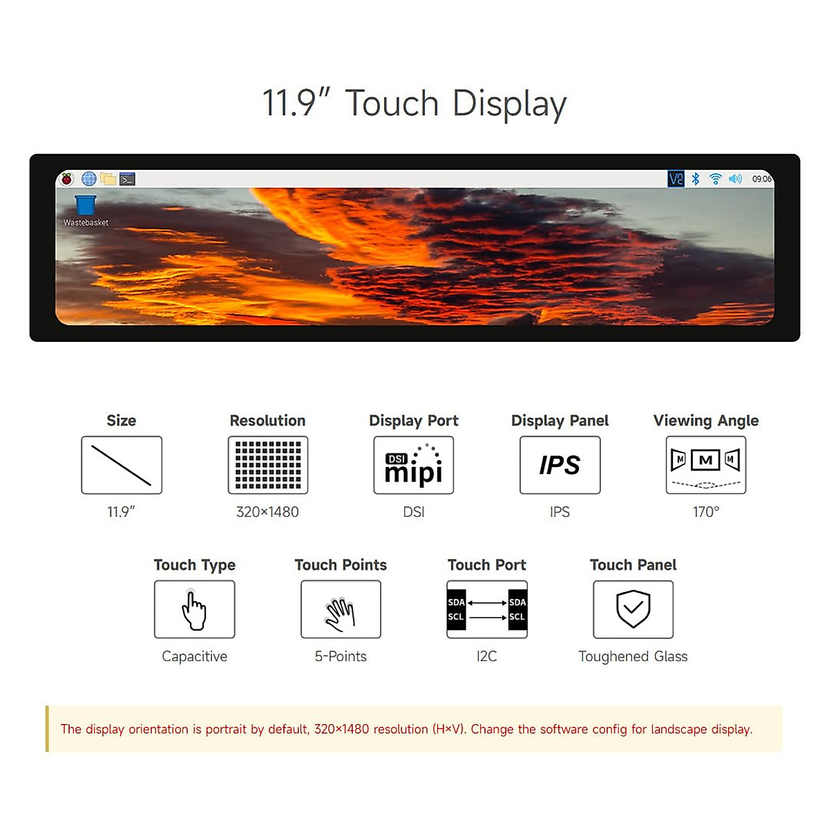 waveshare 11.9inch Capacitive Touch Display Compatible with Raspberry Pi 5/4B/3B/Zero/Zero W/Zero 2W/Pico/Pico W/Pico WH, 320×1480 Resolution IPS DSI Interface