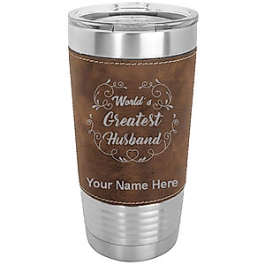 LaserGram 20oz Vacuum Insulated Tumbler Mug, World's Greatest Husband, Personalized Engraving Included (Faux Leather, Rustic)