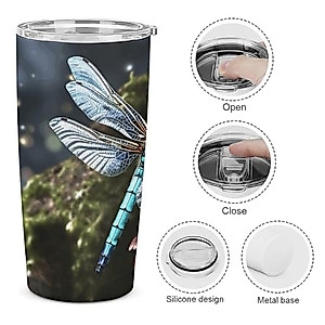 FHENMSA Stainless Steel Insulated Travel Coffee Mug,Blue Dragonfly Print Reusable Car Cup,Thermal Cup for Outdoor with Straw And Lid