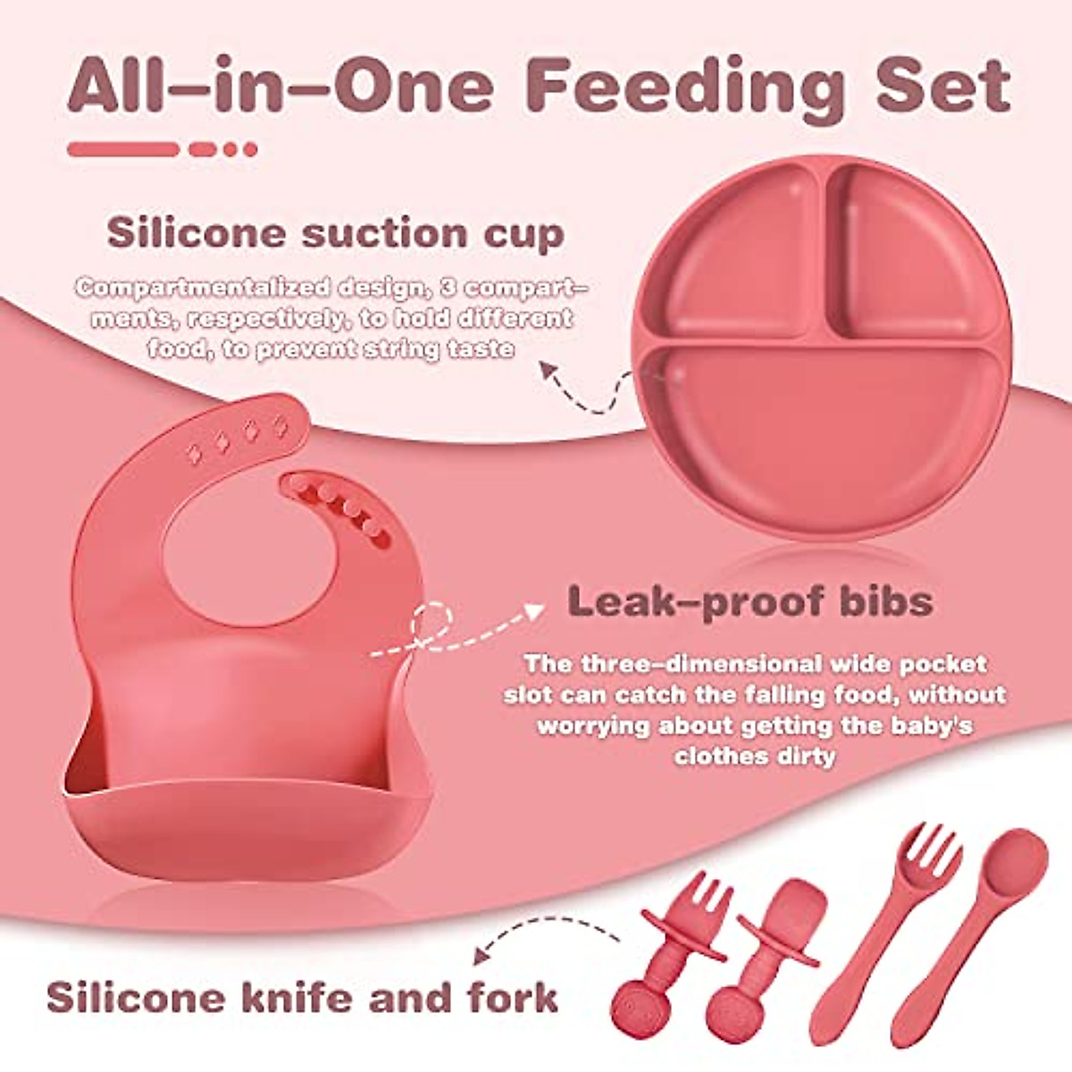 ANAVIL 8 Pack Baby Feeding Set, Silicone Toddlers Weaning Feeding Sippy Cup with Straw and Lid Baby Feeding Supplies Set (8Pack Pink)