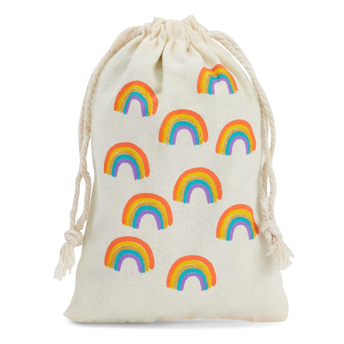 Party Favor Bags - 12-Pack Rainbow Party Favor Bags - Mini Canvas Drawstring Treat Gift Pouches, Rainbow Party Supplies | Kids Birthdays, Unicorn Parties, Rainbows with Gold Glitter, 4 x 6 Inches
