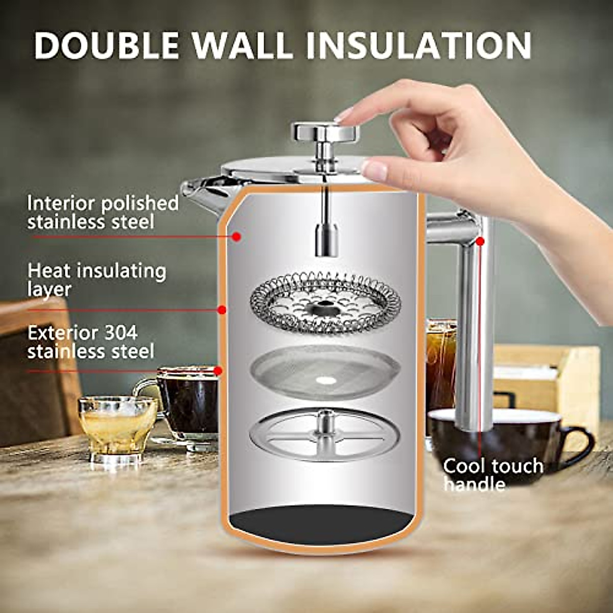 Vegoran Large French Press Coffee Maker - Coffee Press, 304 Stainless Steel French Press Large- Insulated French Coffee Press, 50oz(1.5L) (50oz)