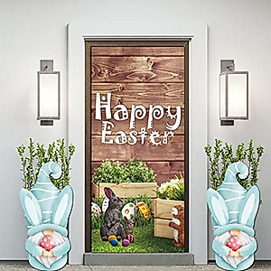 ZDX Happy Easter Door Banner Rustic Wooden Floor Banner Spring Bunny Egg Flower Rustic Farmhouse Easter Party Backdrops Door Banner