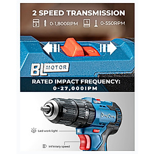 Dong Cheng 20V Brushless Heavy-duty Impact Drill, 435 in.lbs, 27000 BPM, 1/2" Keyless Metal Chuck, 20+1+1 Clutch, Cordless Hammer Drill with 2 Battery Kit for Drilling Brick Wall, Metal, Wood