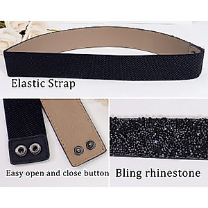 Lovful Stretchy Rhinestone Belt for Women,Elastic Crystal Dress Belt,Sparkle Bling Waist Belt,Black