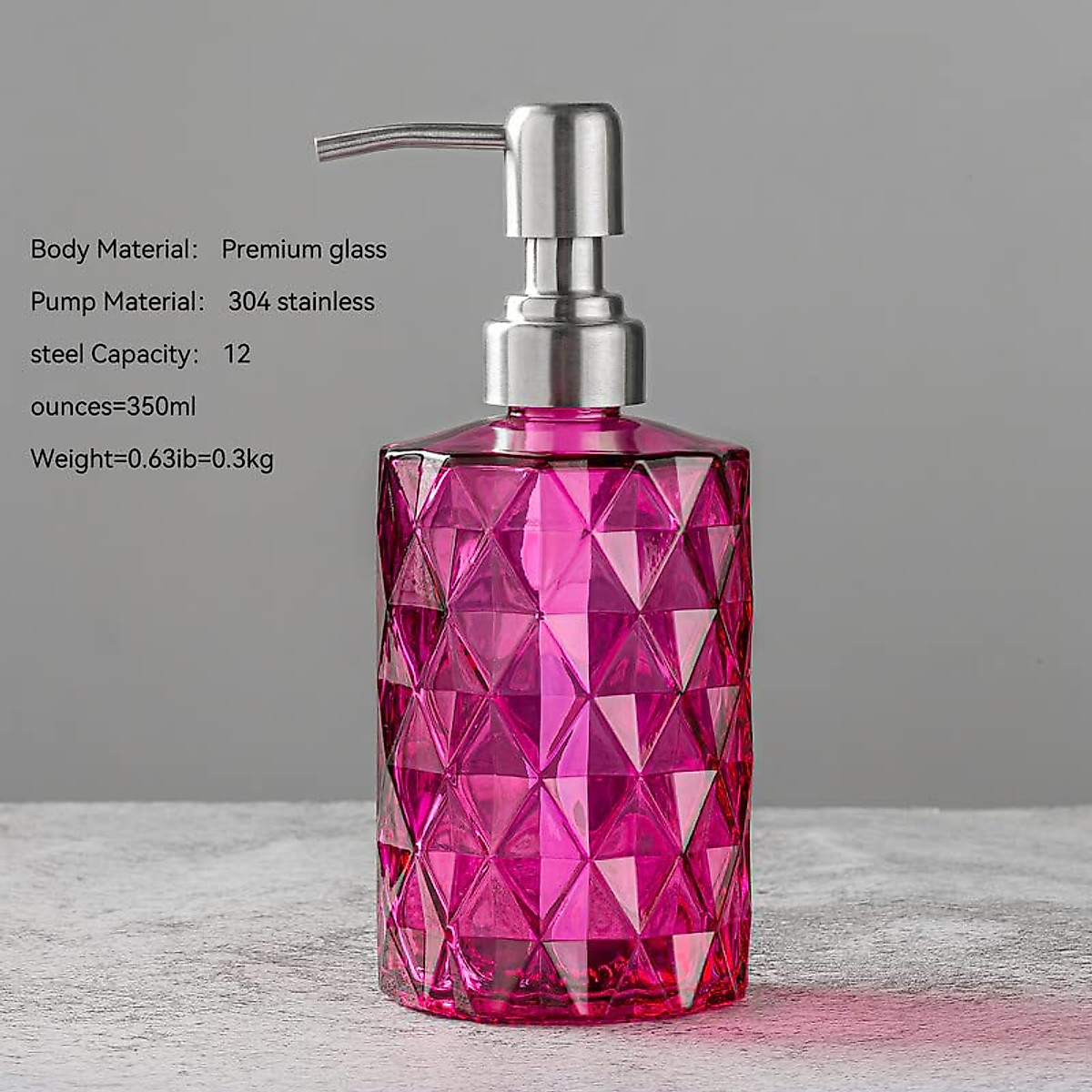 Easy Tang Glass Hand Soap Dispenser Bathroom Kitchen 12Oz with Silver Pump Refillable Liquid Dispenser (Magenta)