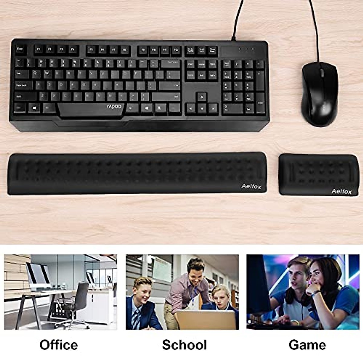 Aelfox Memory Foam Keyboard Wrist Rest&Mouse Wrist Rest, Ergonomic Design Wrist Pad for Computer Keyboard Laptop Wrist Support, Arm Rest for Desk Accessories in Home Office School(Black)