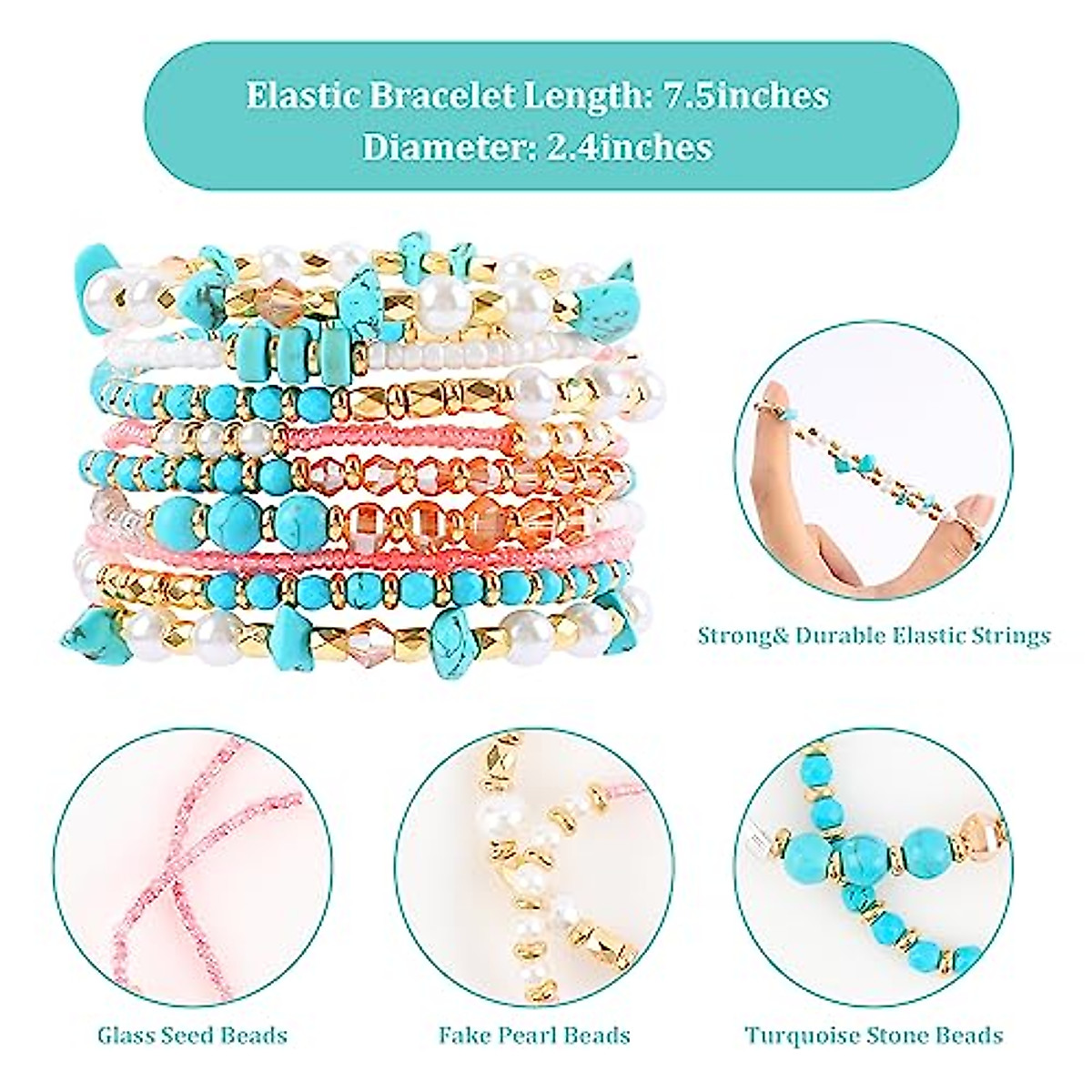 Bohemian Turquoise Beaded Bracelets for Women 9Pcs Colorful Stackable Natural Stone Stretch Bracelets Multilayered Glass Seed Beads Pearl Bracelet Set Boho Holiday Summer Beach Jewelry Gift for Girls