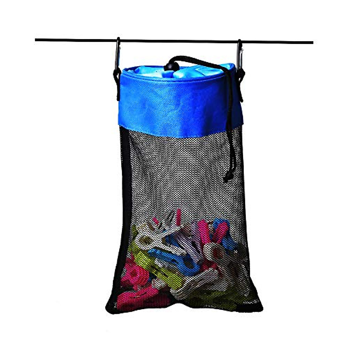 XQBAG Mesh Clothespin Bag, Large-Capacity Clothespin Storage Organizer with Hooks, Multi-Purposes Storage Mesh Bag Drawstring Closure Bag (Blue)