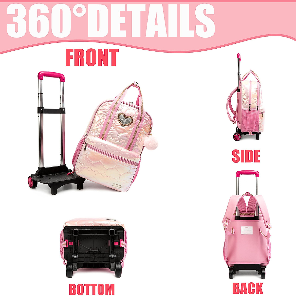 ZBAOGTW Rolling Backpack for Girls School Backpack with Wheels Kids Roller Backpack with Lunch Bag for Elementary School