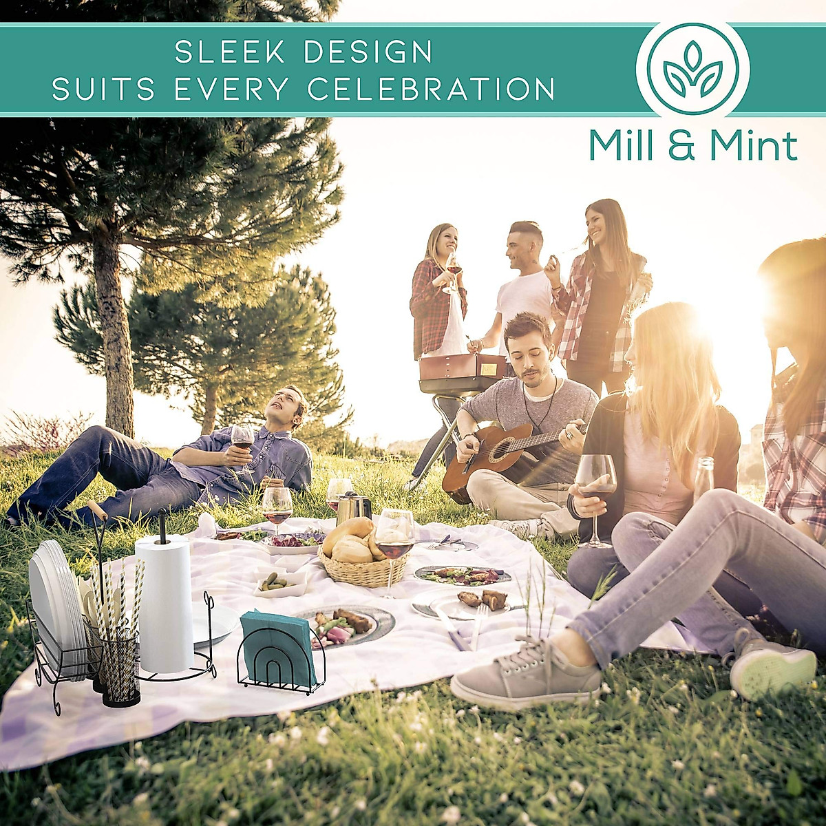 Oakland Utensil Caddy – Foldable Picnic Caddy for Plates and Utensils with Paper Towel Holder for Camping, Parties, and Buffets by Mill & Mint