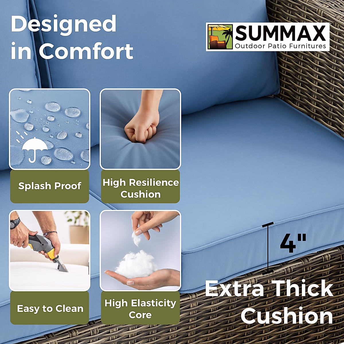 Outdoor PE Wicker Loveseat Sofa, All Weather 2 Seater Small Patio Sofa with Anti-Slip Cushions, Rattan Loveseat Couch Outdoor Furniture for Backyard, Garden, Porch, Blue