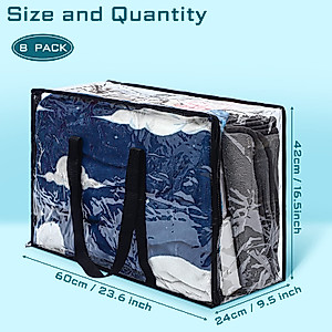 8 Pcs Clear Zippered Storage Bags Closet Organizer Vinyl Bag with Reinforced Handle Clothes Storage Organizer Transparent Moving Bags Totes for Bedding Linen. (60 L, 23.6x16.5x9.5 In, Clear, Purple)