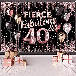 Happy 40th Birthday Backdrop Banner Fierce Fabulous and 40 Decorations for Women 40 Years Old Bday Background Rose Gold Pink Photography Party Decor Sign Supplies