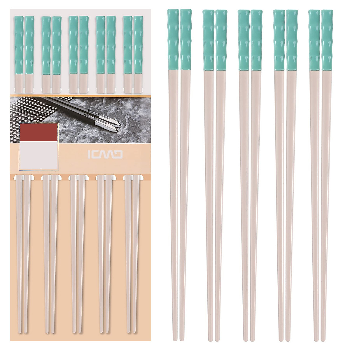 5 Pairs Family Reusable Chopsticks Dishwasher Safe, 9.6 inch/24.3cm Non-Slip Hotel/ Restaurant Japanese Chop Sticks, Chinese ChopStick Gift Set, Blue&Yellow