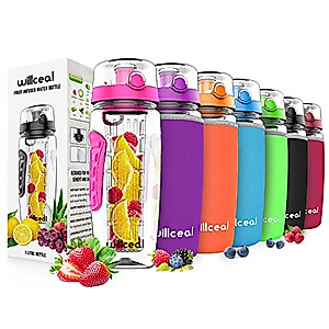 Fruit Infuser Water Bottle 32oz Willceal- Durable, Large - BPA Free Tritan, Flip Lid, Leak Proof Design - Sports, Camping (Pink)