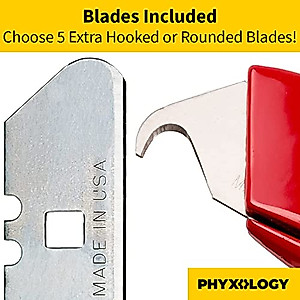 Heavy Duty Hook Blade Utility Knife with 5 Spare Refills. Sharp, Retractable Hooked Box Cutter Tool for Shingles, Roofing, Carpet. USA Made Stainless Steel Handle Fits 2 Notch Replacement Razor Blades
