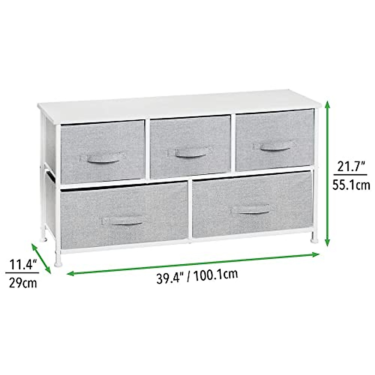 mDesign 21.65" High Steel Frame/Wood Top Storage Dresser Furniture Unit with 5 Removable Fabric Drawers - Wide Bureau Organizer for Bedroom, Living Room, Closet - Lido Collection, Gray