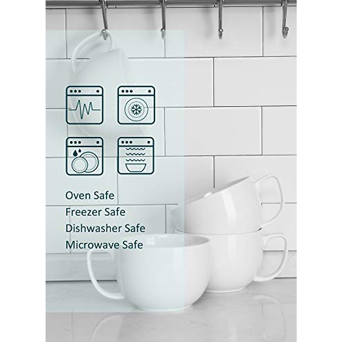 Teocera Porcelain Large Coffee Mugs Set, Jumbo Mugs, Soup Bowls with Handles, 24 Ounce for Coffee, Hot Cocoa, Cereal - Set of 4, White