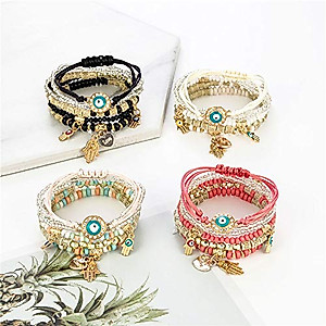 Pingyongchang Evil Eye Bracelets Pack Crystal Bohemian Bracelet Set of 4 Beaded Mexican Bracelets Pack Mixed Hamsa Protection Stretch Bracelets Jewelry for Women Teen Girls -B