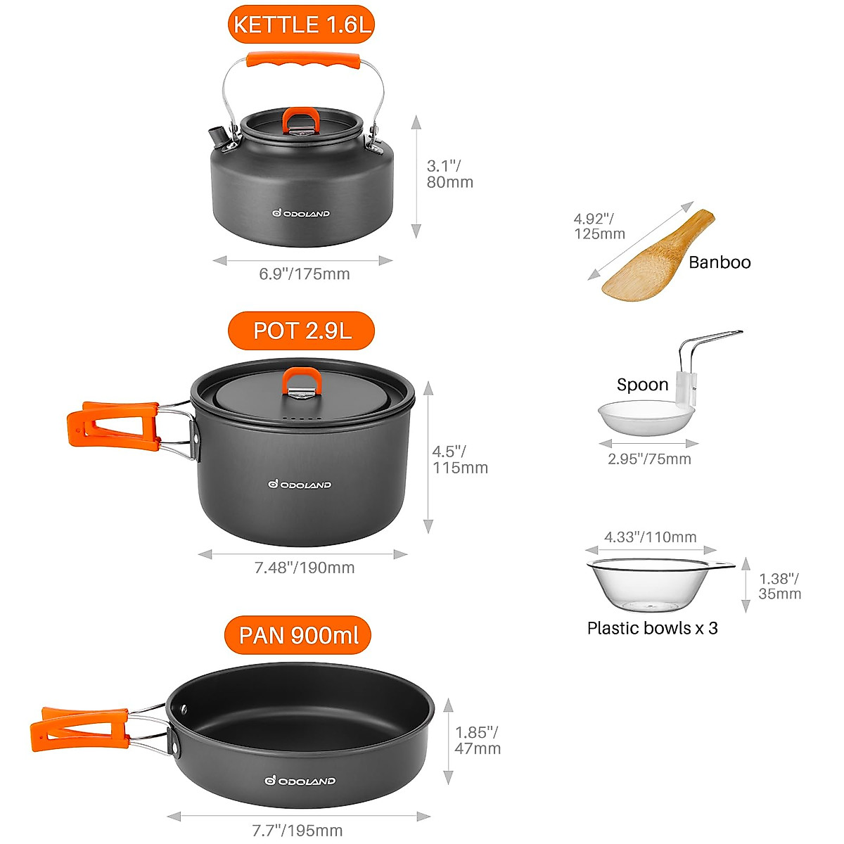 Odoland 10pcs Camping Cookware Camping Pots and Pans Set with Kettle Plastic Bowls and Soup Spoon for Camping, Backpacking, Outdoor Cooking and Picnic