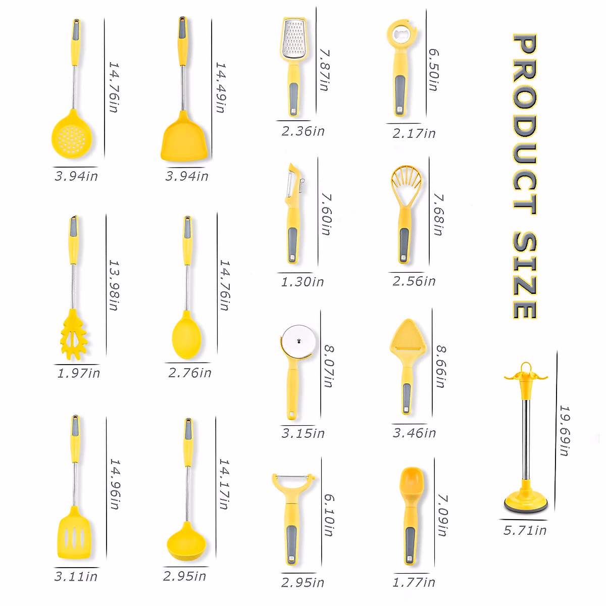 Cooking Utensils Set, 15PC Silicone Kitchen Utensils with Stand, 446℉ Heat-resistant Spatula Set with Stainless Steel Handles for Nonstick Cookware, Kitchen Tools Set for Home Kitchen (Yellow)
