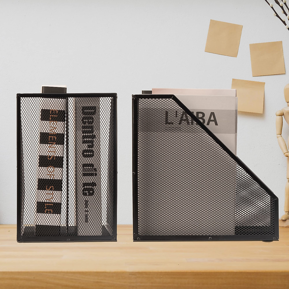2 Set Magazine Holder Metal Wire, 2 Compartments Mesh File Holder for Desk, Office Desk Accessories Decorative File Box, Black