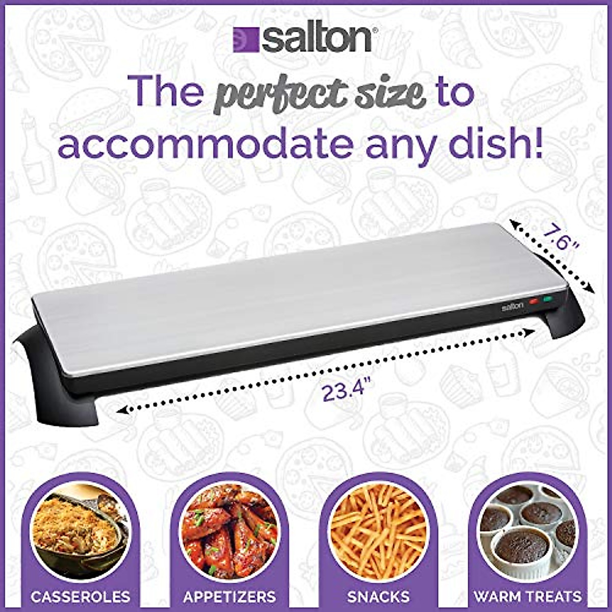 Cordless Warming Tray by Salton | Medium Electric Hot Plate | Cooking, Serving & Warming Tray | 23-3/4” x 7-3/4” Hot Plate