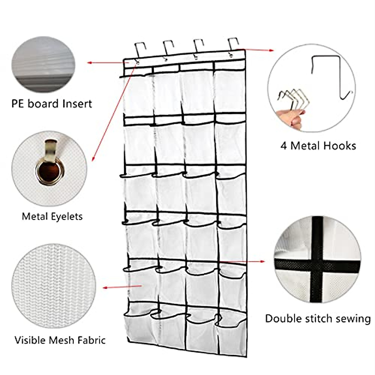 24-Pocket Over-The-Door Shoe Rack and Organizer, Hanging Closet Holder Storage Bag with 24 Large Mesh Pockets, White/Black (White Mesh)
